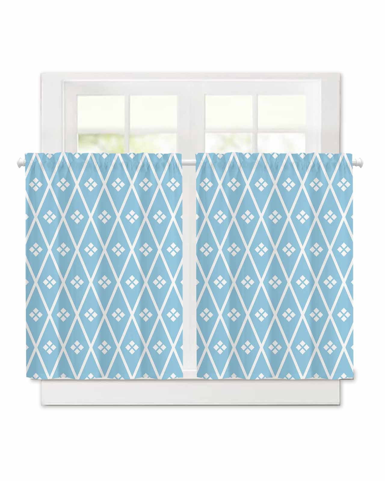 Boho Blue White Plaid Line Short Blackout Curtains 36 Inch Long ...