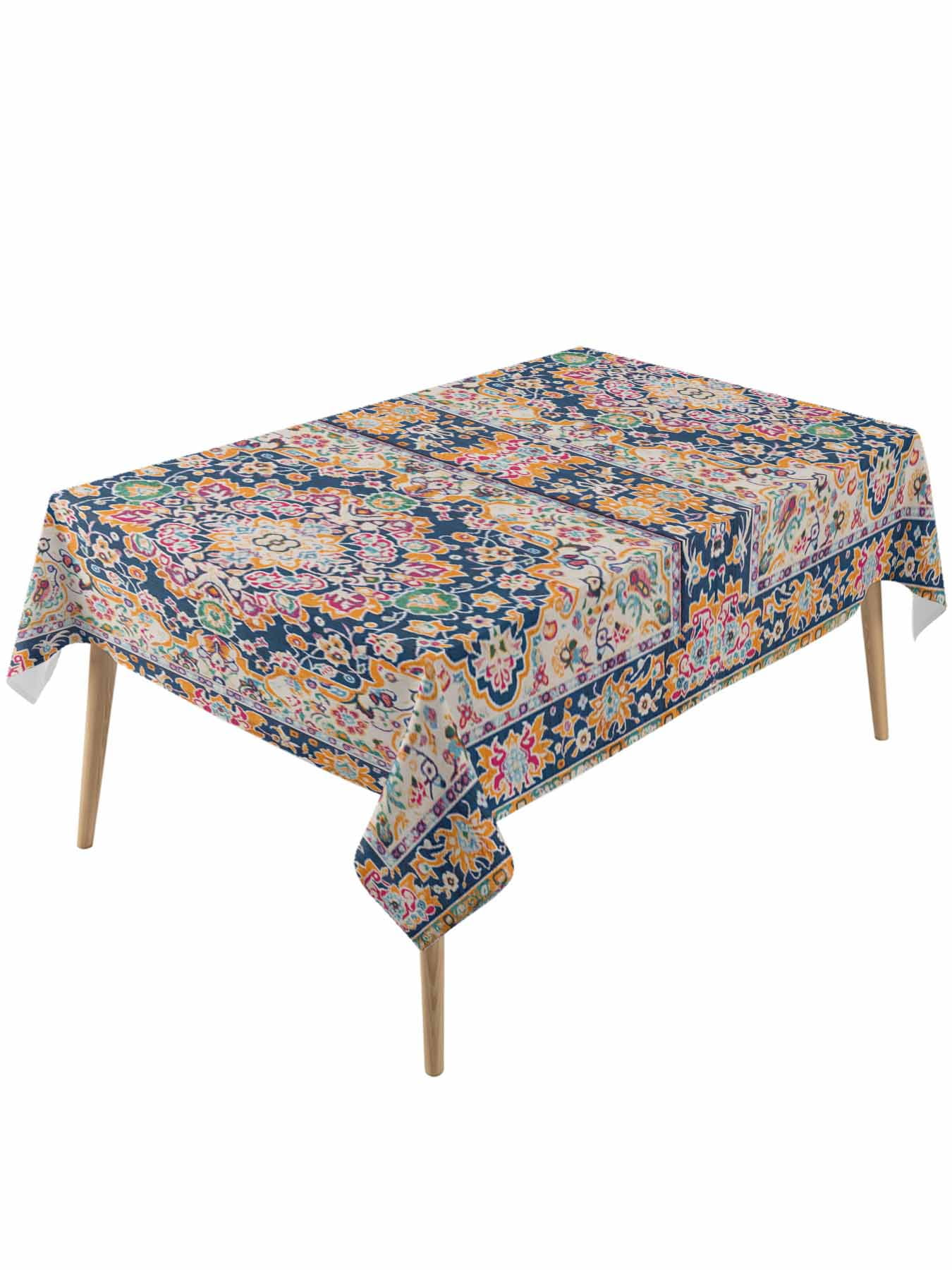 Boho Blue Yellow Table Cloth, Ethnic Vintage Mexican Flowers ...