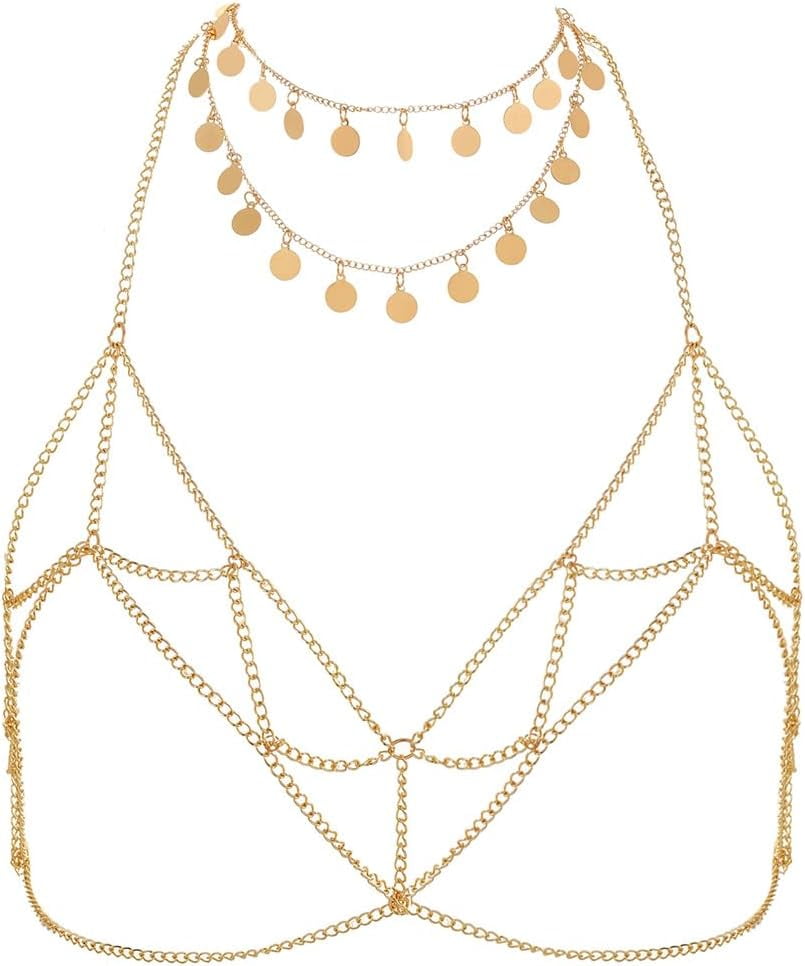 Boho Body Chain Gold Sequins Chest Chains Layered Bikini Bra Chain ...