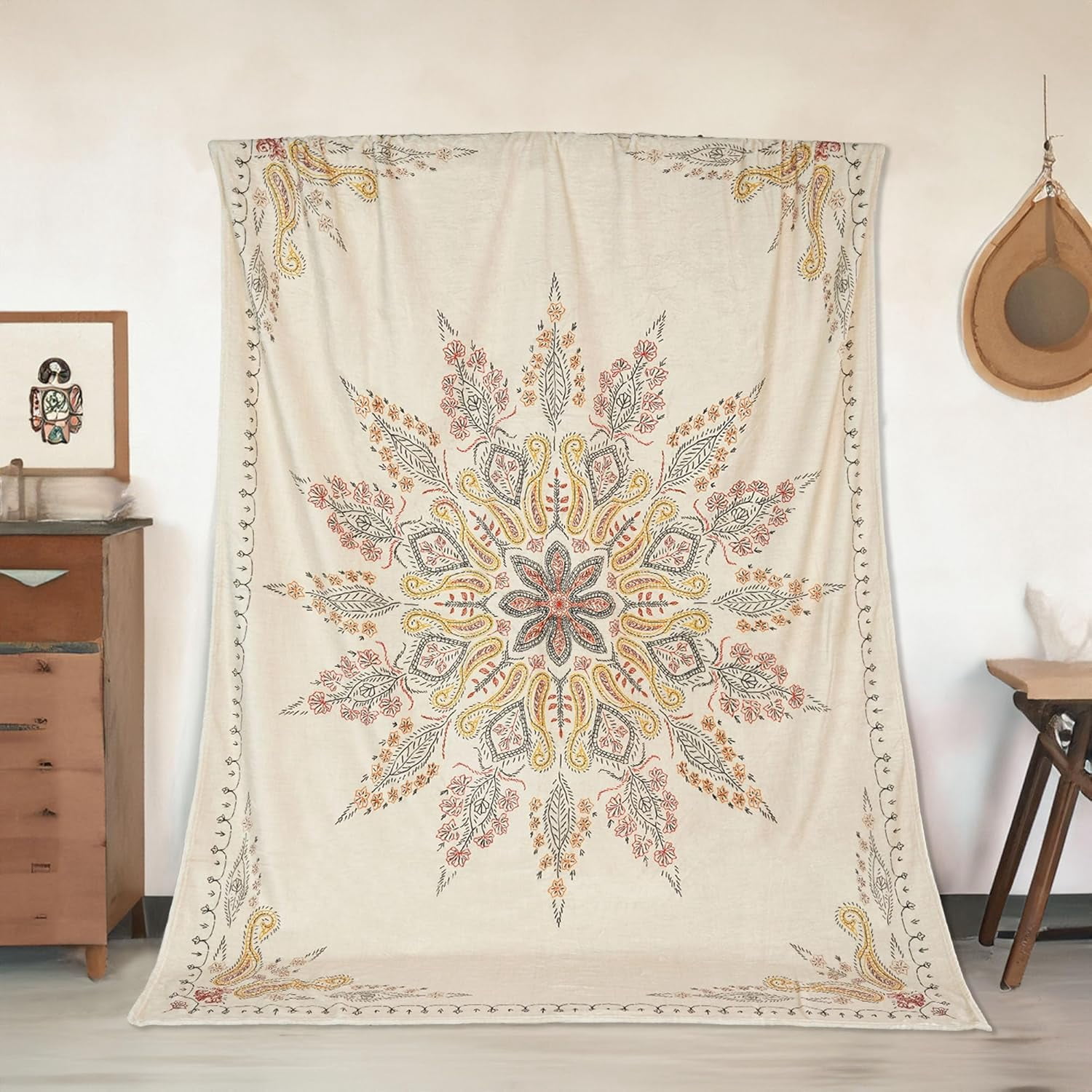 Boho Bohemian Fleece Throw Blanket, Beige White Paisley Floral Cozy Nap ...
