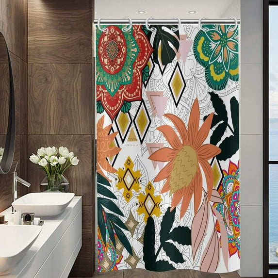 Boho Bohemian Floral Small Stall Shower Curtain, Retro Colorful Flower ...