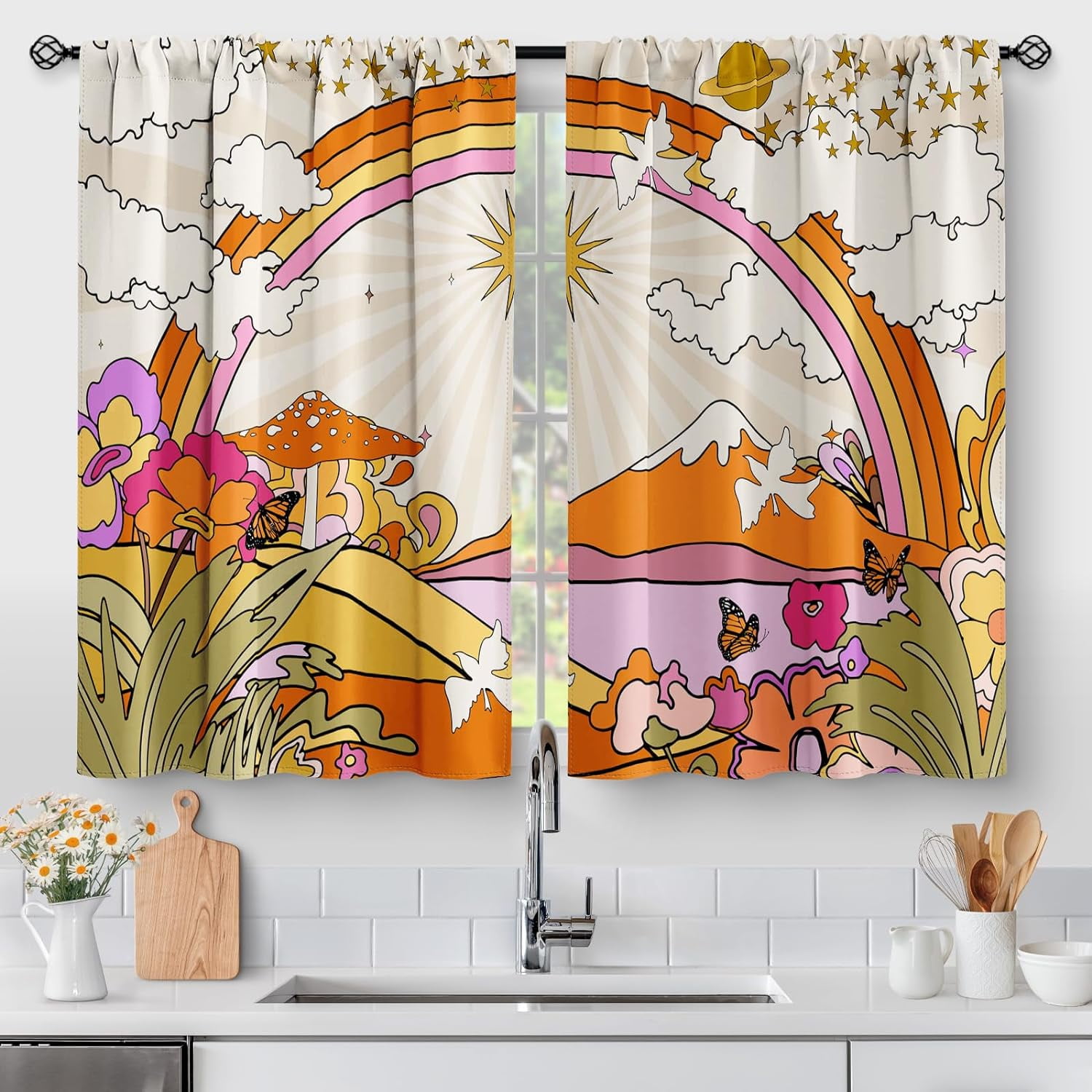 Boho Bohemian Mushroom Kitchen Curtains - Retro Abstract 70s Hippie ...
