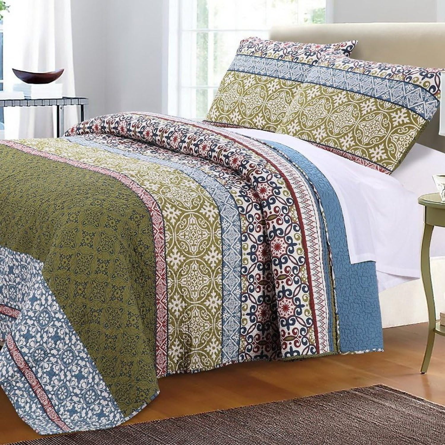 Boho Bohemian Quilt Set with Shams Geometric Pattern Mandala Blue Green ...