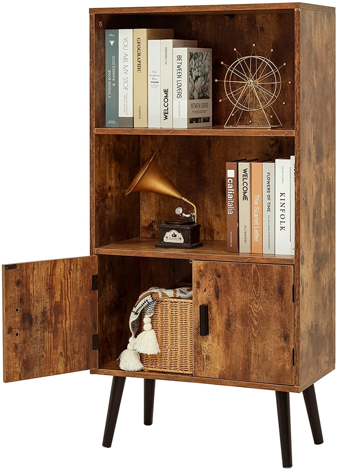 Boho Bookcase, Retro Bookshelf with Doors & 2-Tier Shlef, Mid-Century ...