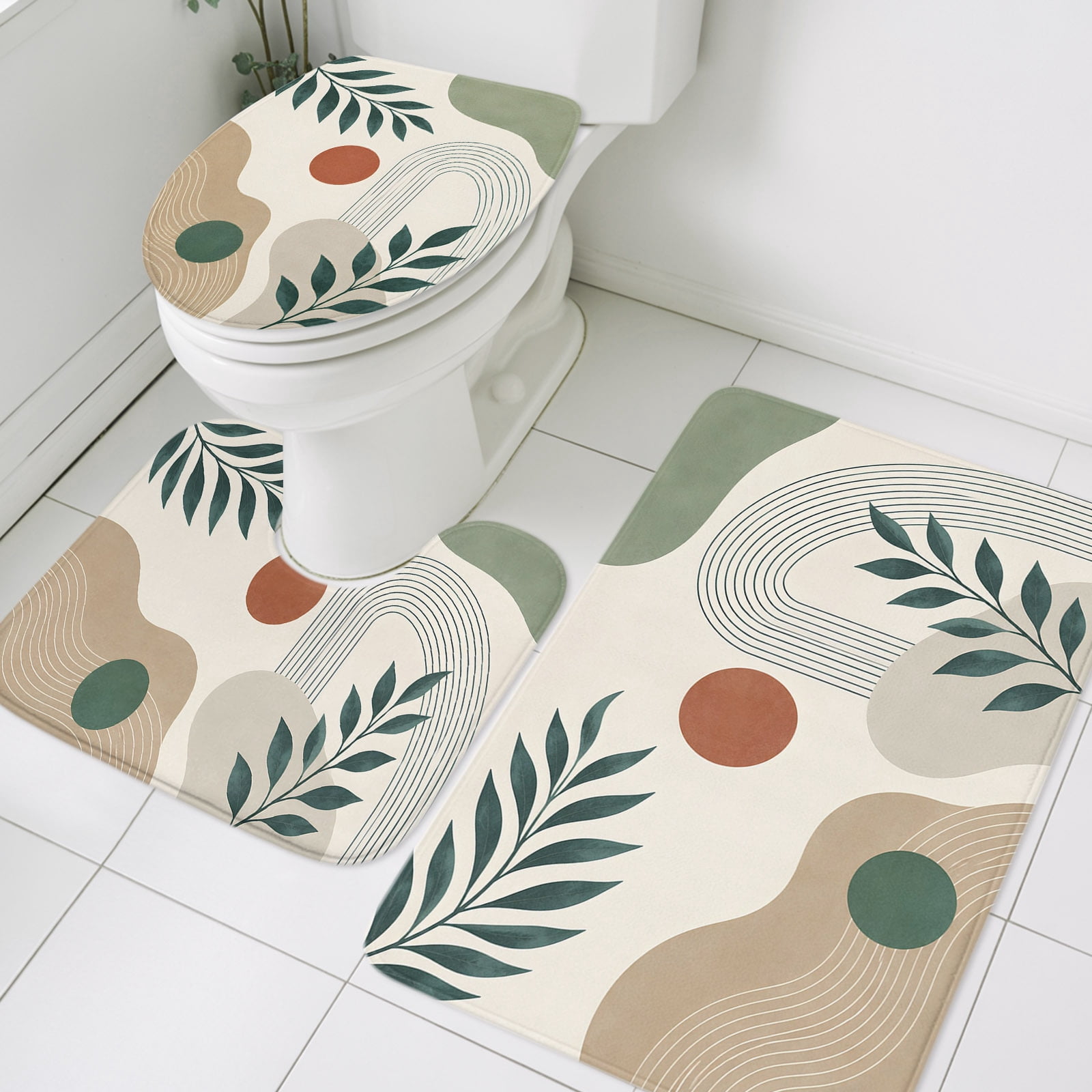 Boho Botanical Bathroom Rugs Set Sage Green Eucalyptus Leaf Terracotta ...