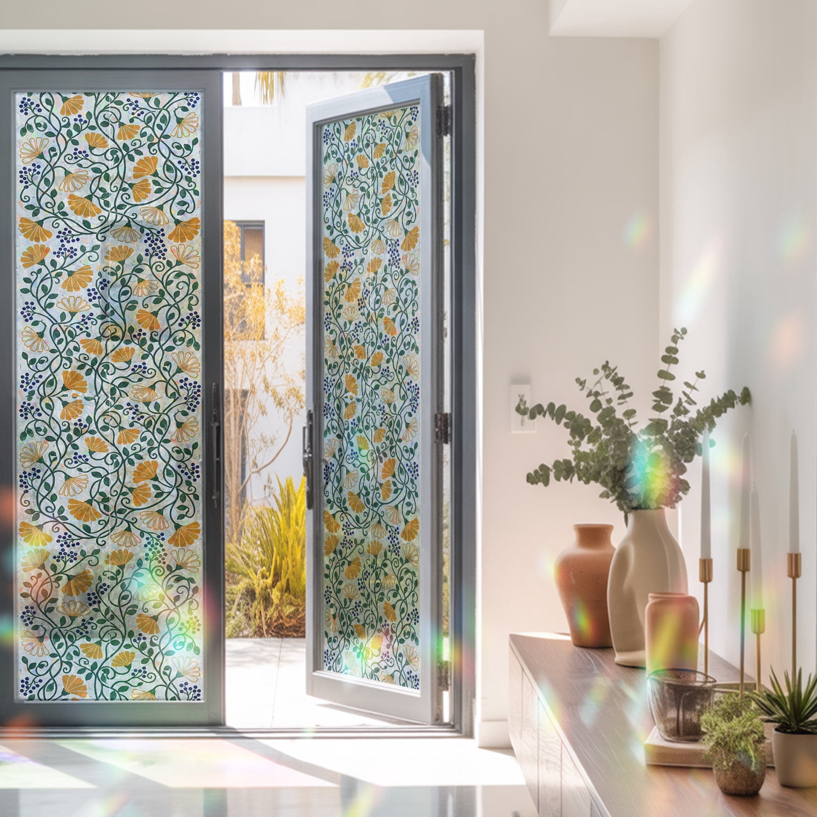 Boho Botanical Flowers Art Window Privacy Film, Rainbow Film Decorative ...