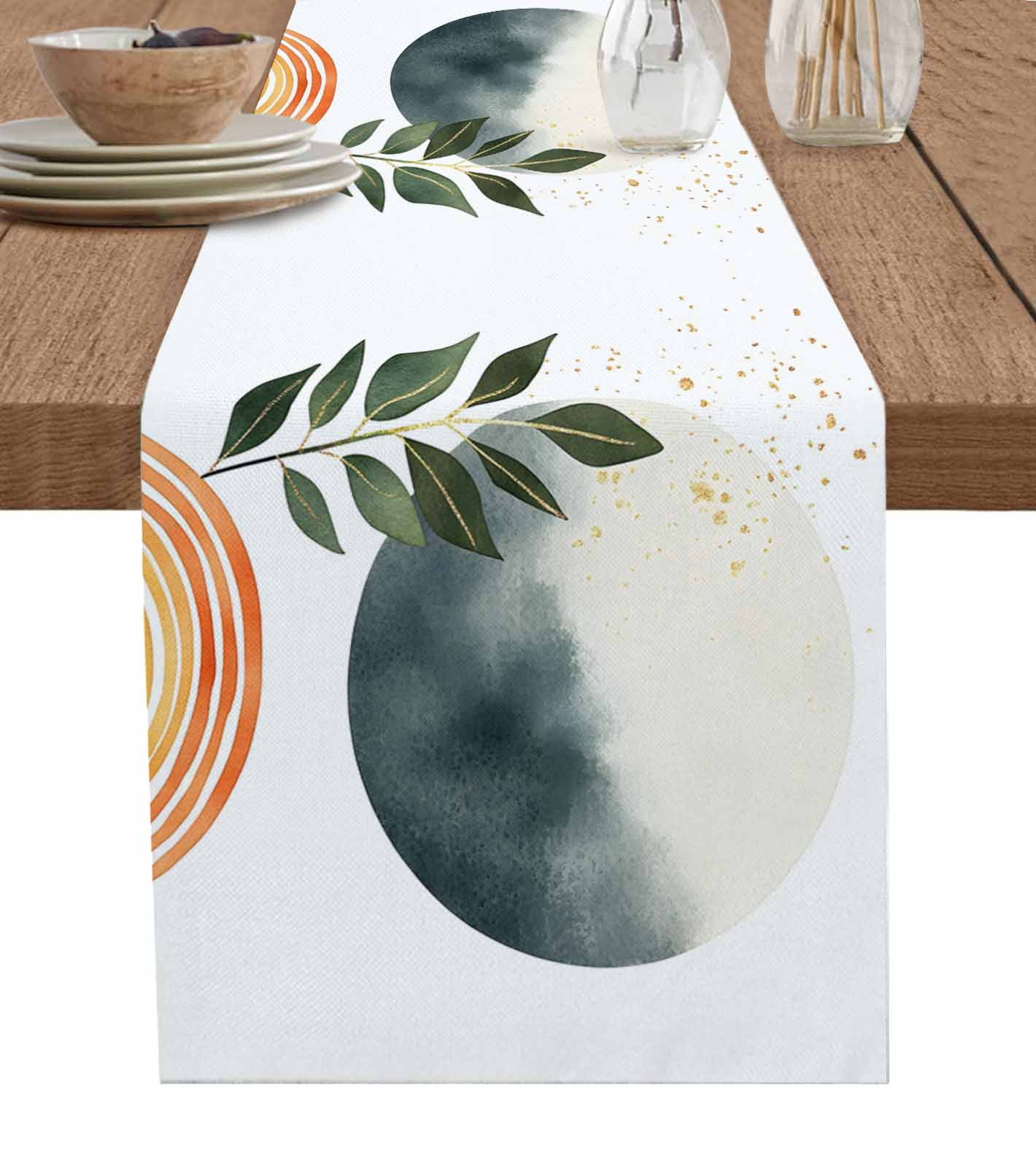 Boho Botanical Leaves Burlap Cotton Table Runner 13x70 Inches Long ...