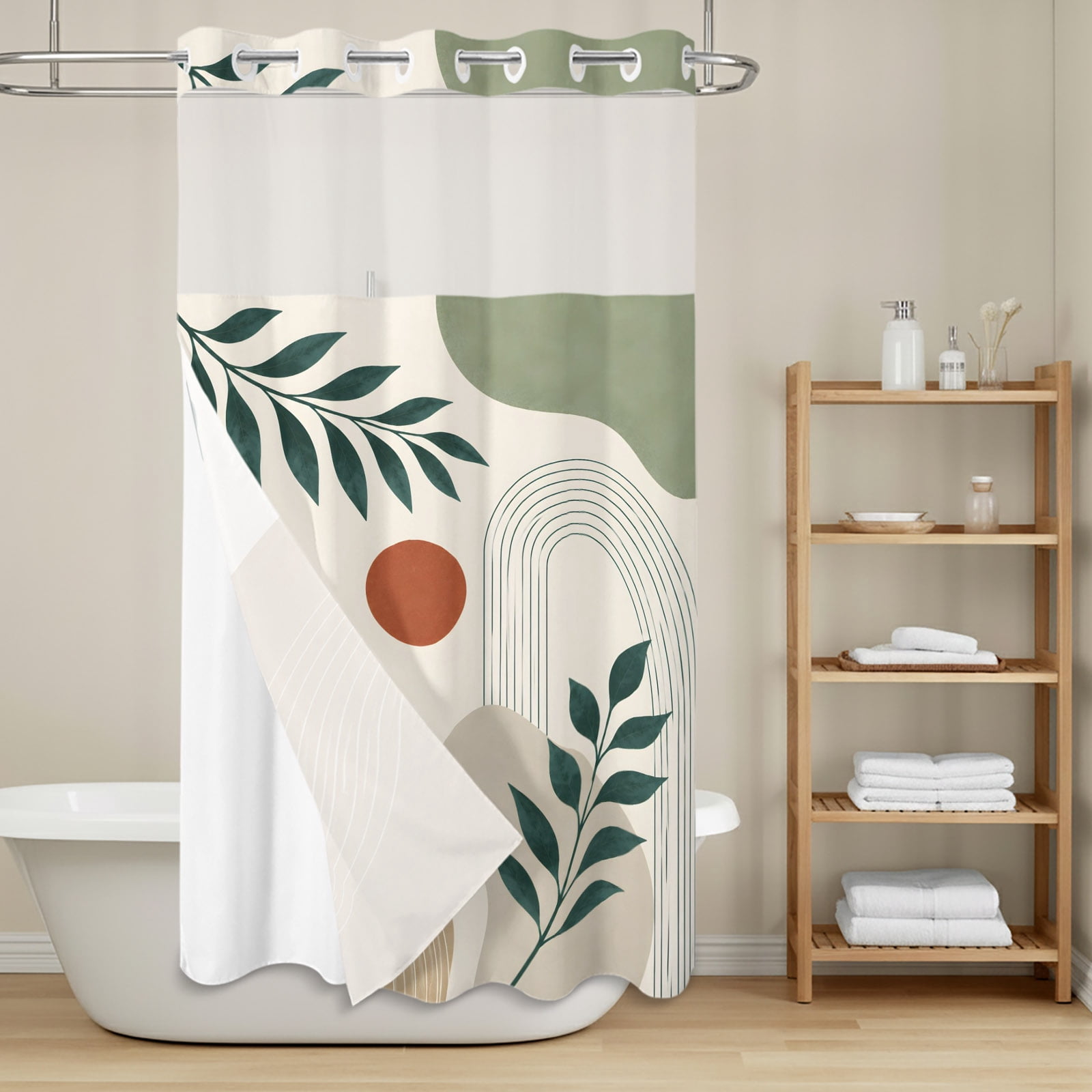 Boho Botanical Shower Curtain with Snap in Liner, Sage Green Eucalyptus ...
