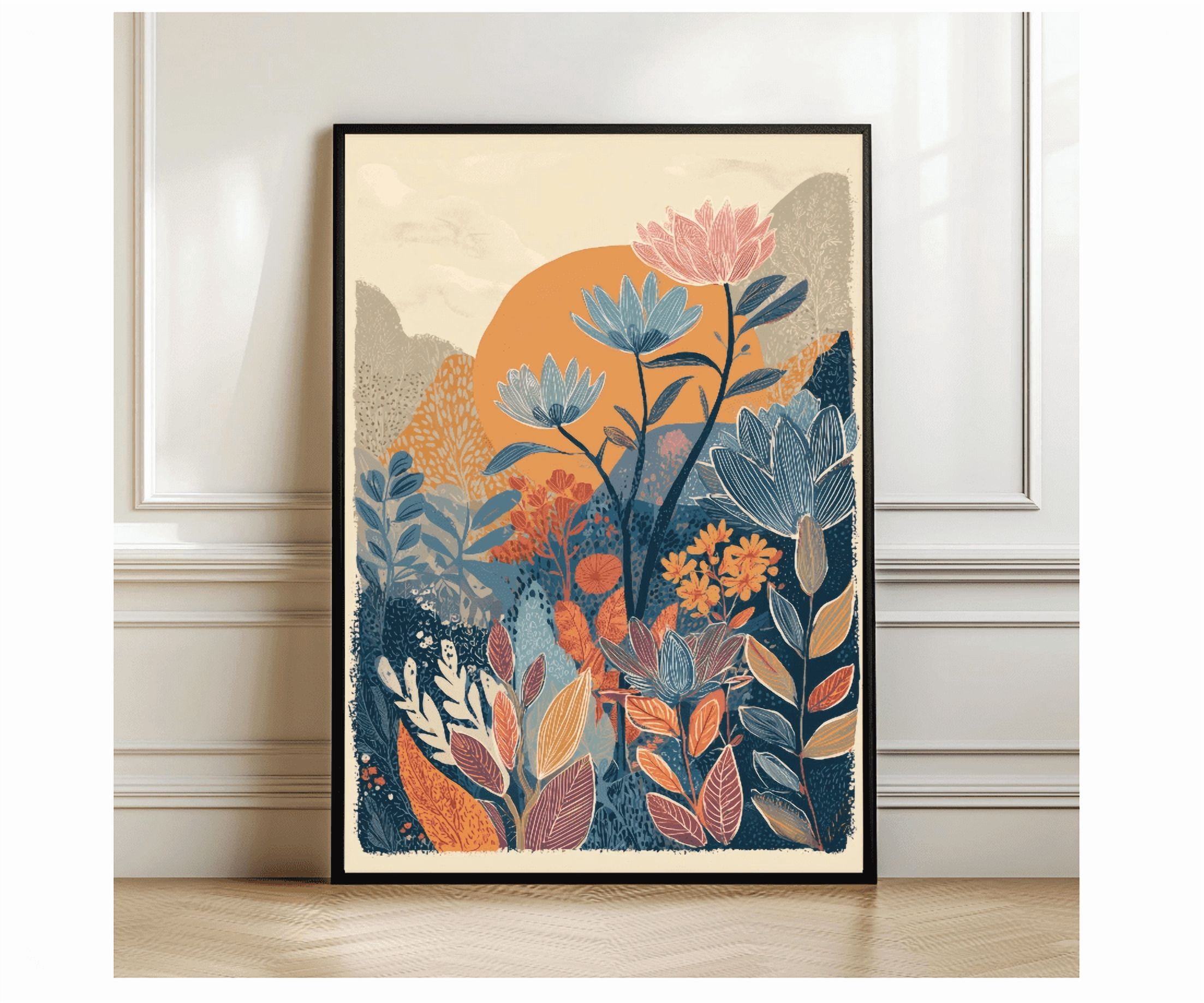 Boho Botanical Sun Wall Art Folk Floral Illustration With Warm Earth ...