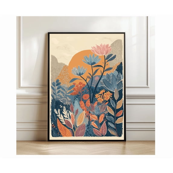 Boho Botanical Sun Wall Art Folk Floral Illustration With Warm Earth ...
