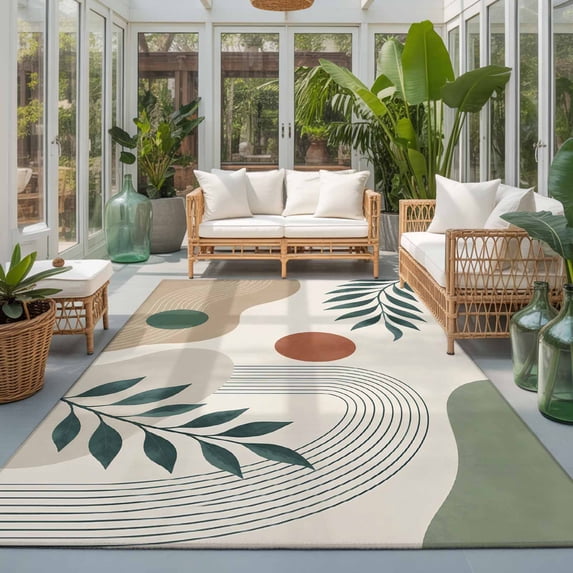Boho Botanical Washable Area Rugs 3'x5', Sage Green Eucalyptus Leaf ...
