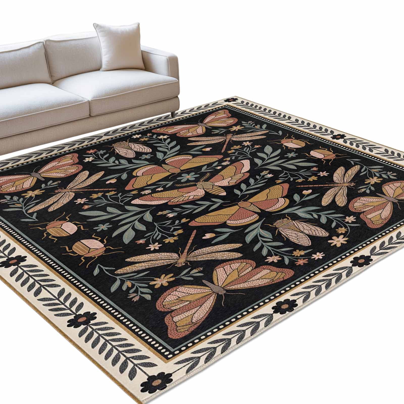 Boho Botanical Washable Rug 4x6 Area Rug for Living Room Bedroom Non ...