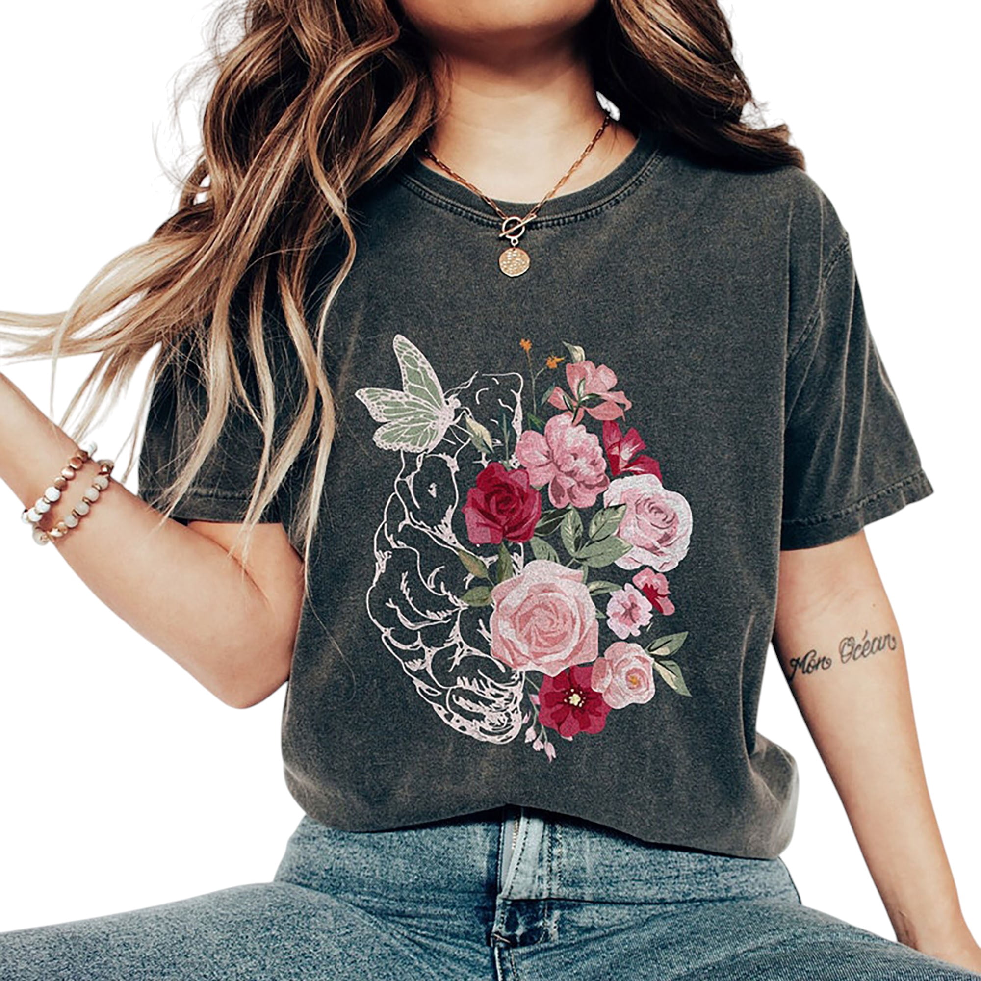 Boho Brain Anatomy Wildflower Retro Unisex Classic 2D T-Shirt - Vintage ...