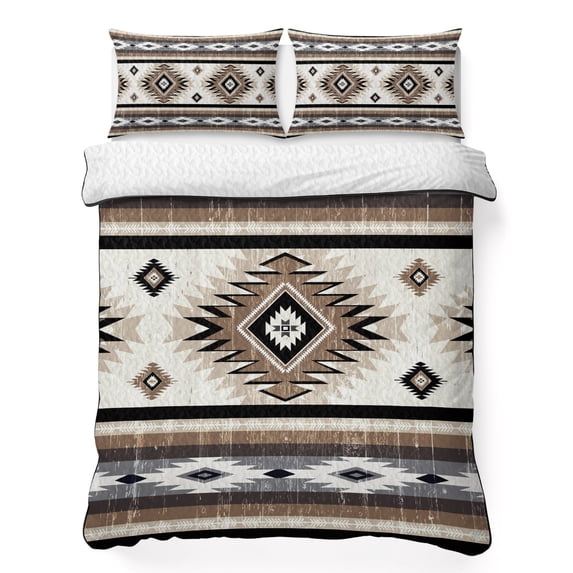 Boho Brown Farm Aztec Geometric 3 Pieces Quilt Set,1 Quilt with 2 Shams ...