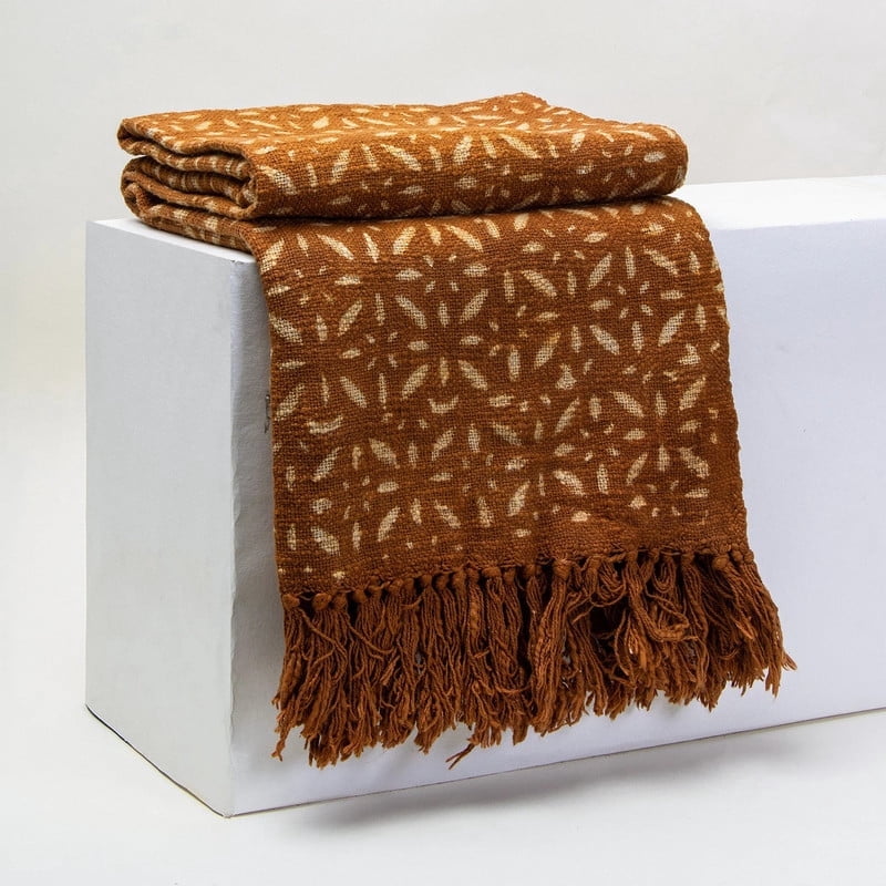 Boho Brown Floral Cotton Throw Blanket, Farmhouse Decor Block Print ...