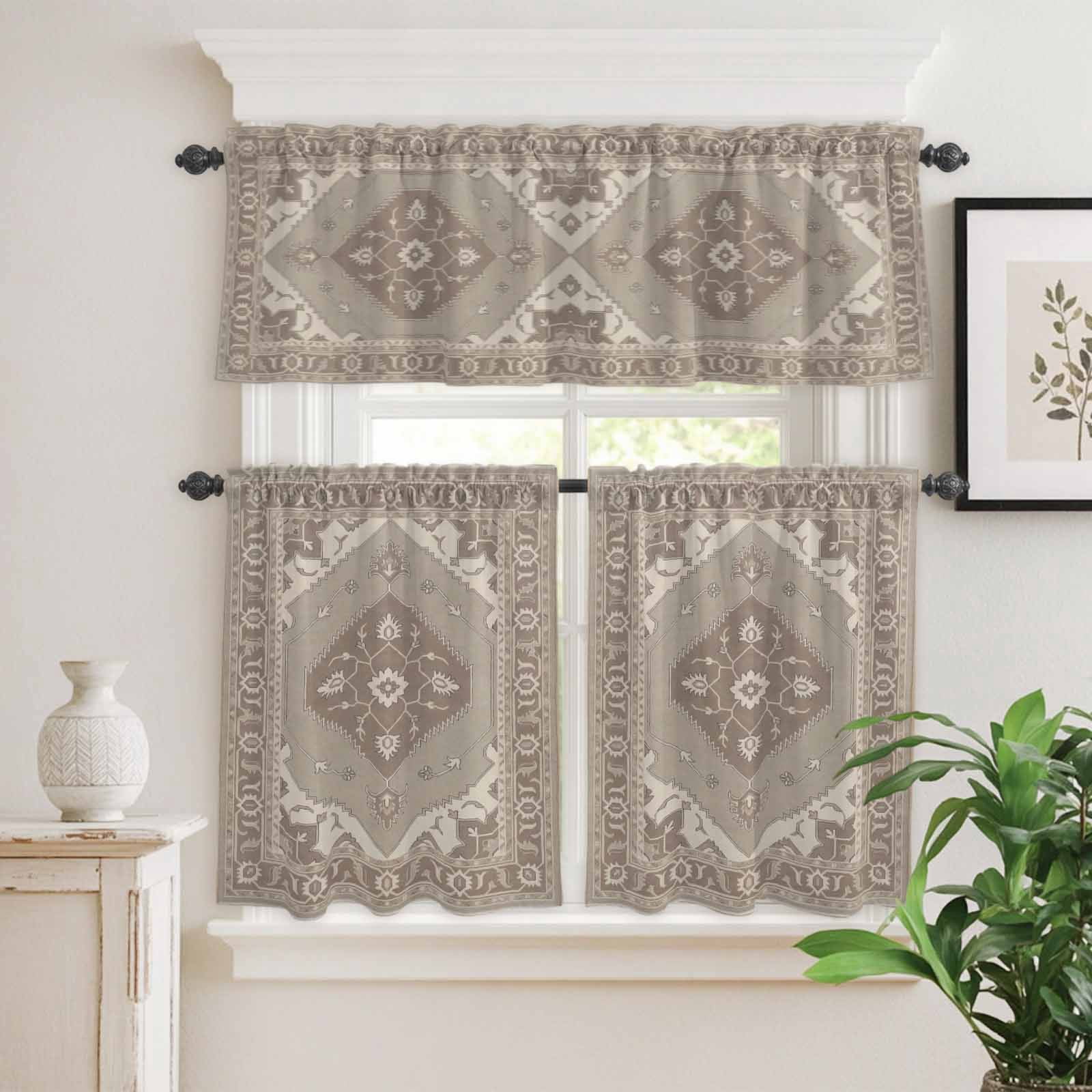 Boho Brown Geometric Abstrac Curtain Tier and Valance Set 3 Piece ...