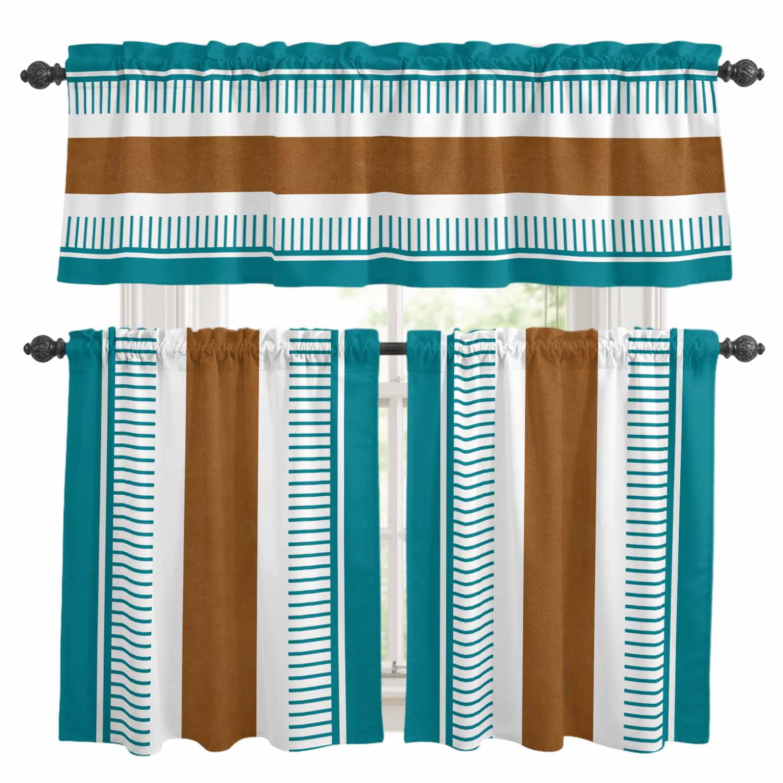 Boho Brown Kitchen Curtains and Valances Set, and Blue Striped Tribal ...