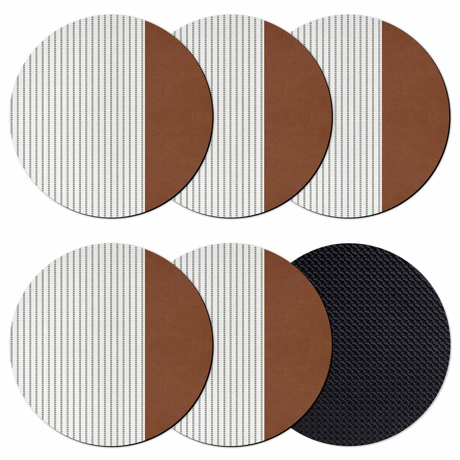 Boho Brown Leather Texture Coasters Set of 6, Modern Black Striped ...