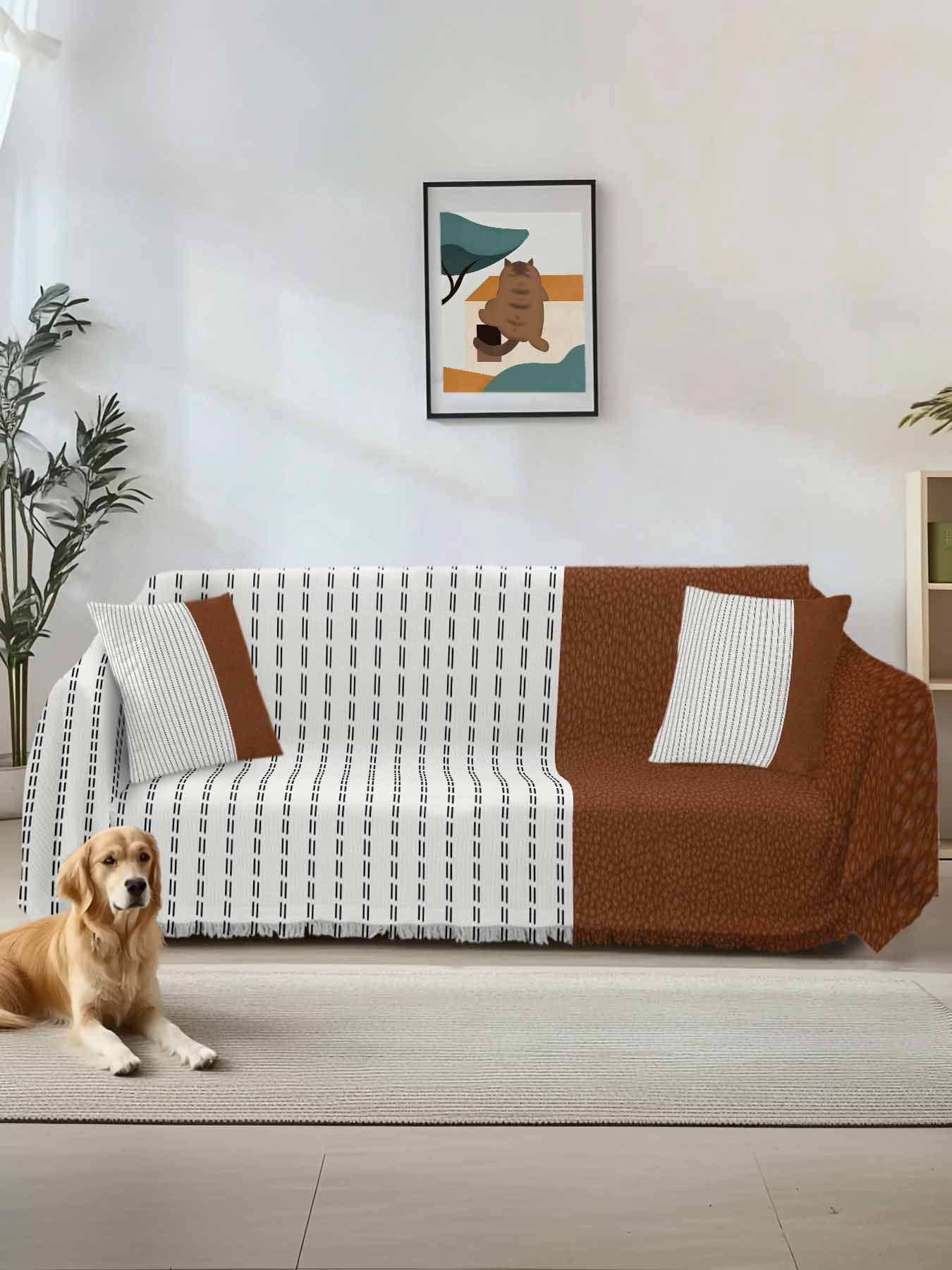 Boho Brown Leather Texture Couch Cover for 2 Cushion Sofa, Modern Black ...