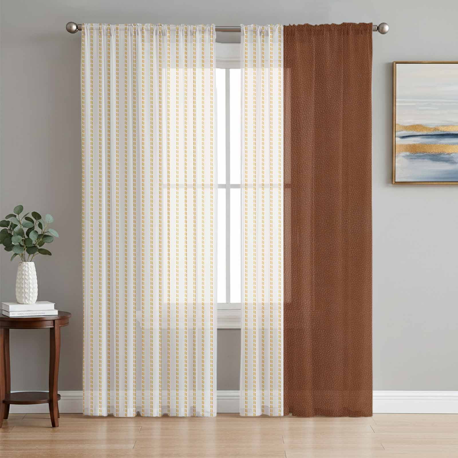 Boho Brown Leather Texture Semi Sheer Curtains 96 Inch Length 2 Panels ...