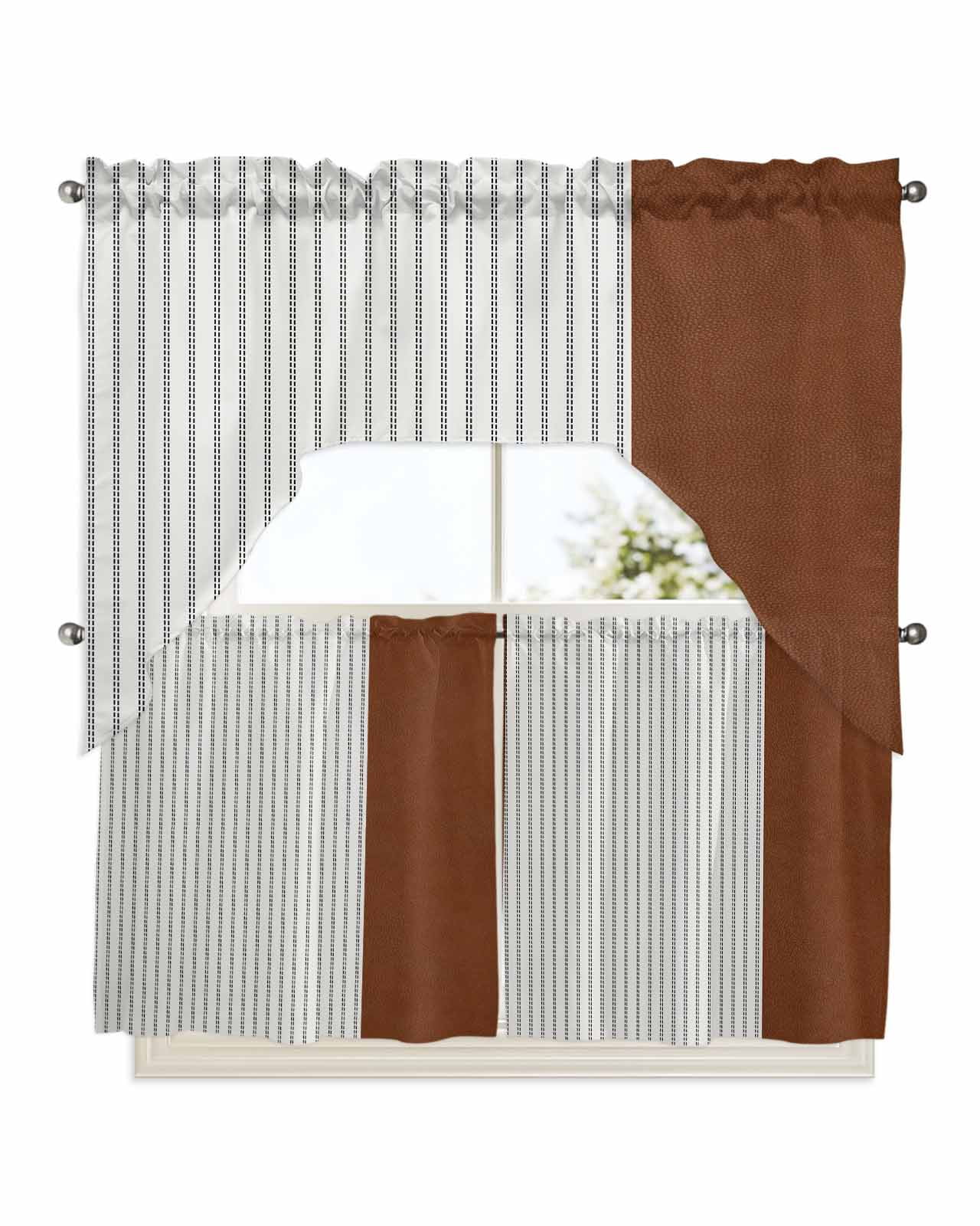 Boho Brown Leather Texture Swag Valance and Tier Curtains 24'' Length ...