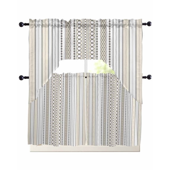 Boho Brown Stripe Kitchen Curtains Set for Windows 3 Piece Cafe ...