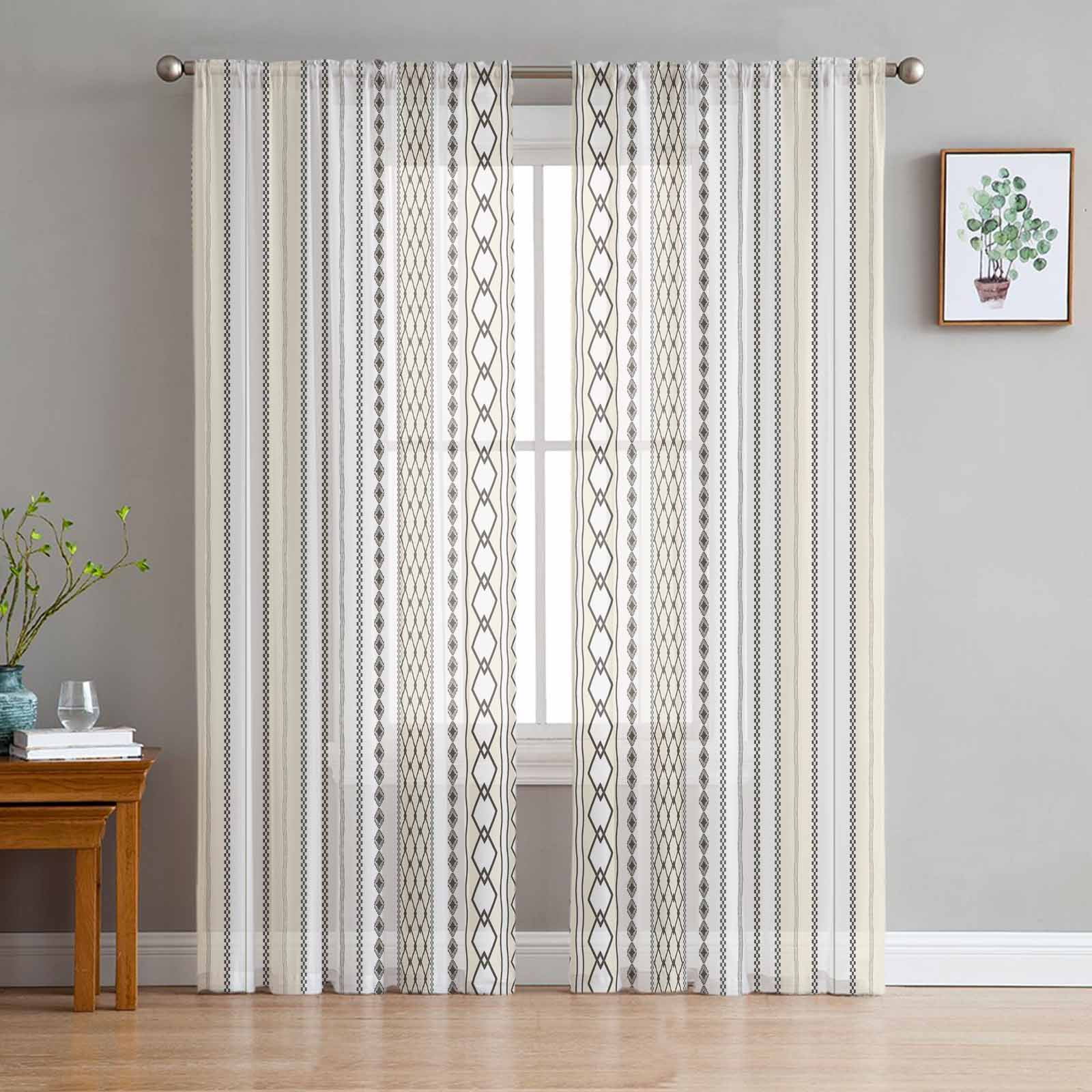 Boho Brown Stripe Sheer Curtains 84 Inch Length 2 Panels Set for Living ...