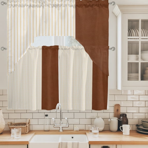 Boho Brown Swag Curtains Valance and Tier Set, Leather Texture Striped ...