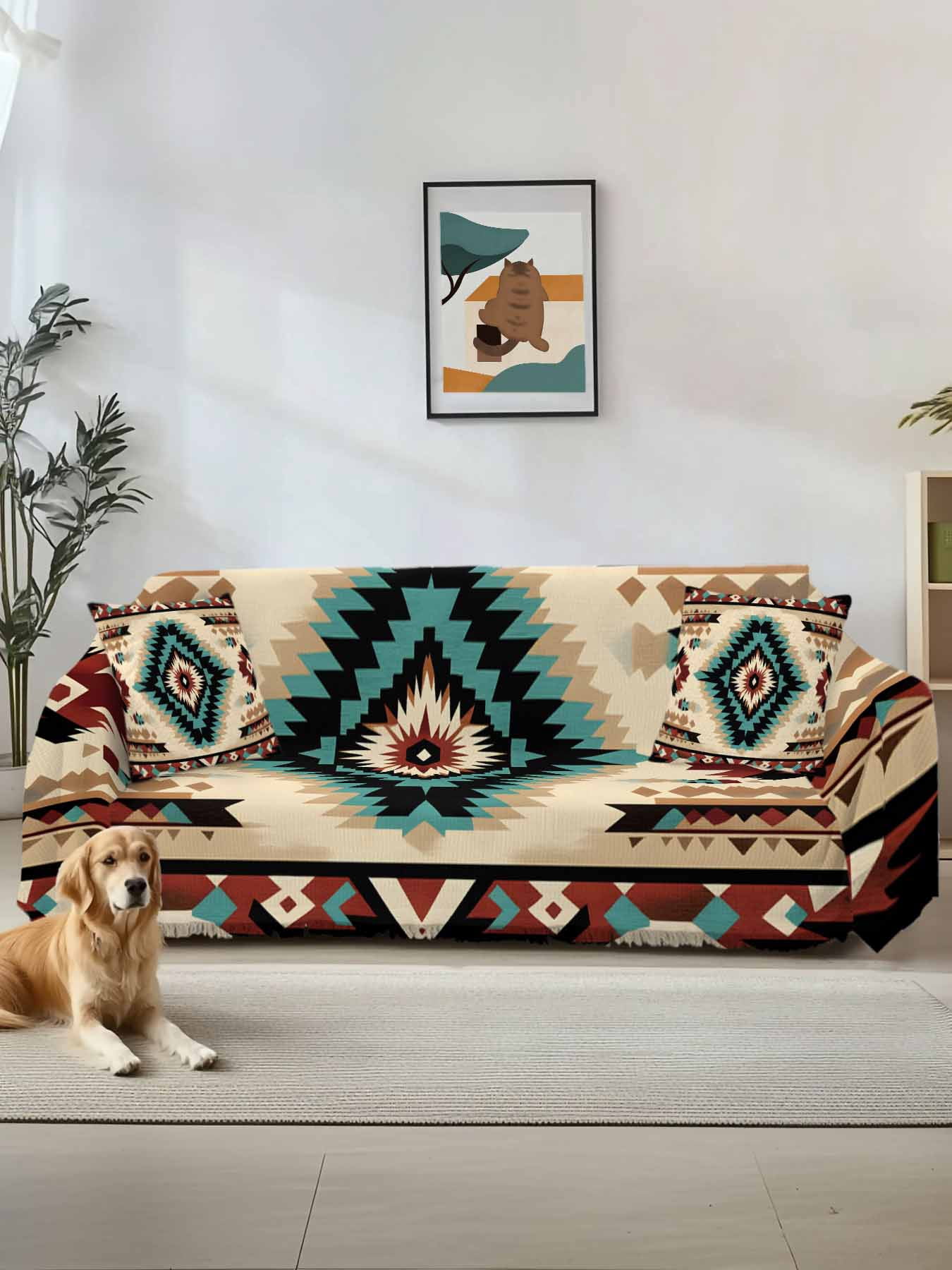 Boho Brown Teal Red Couch Cover for 2 Cushion Sofa, Southwestern ...