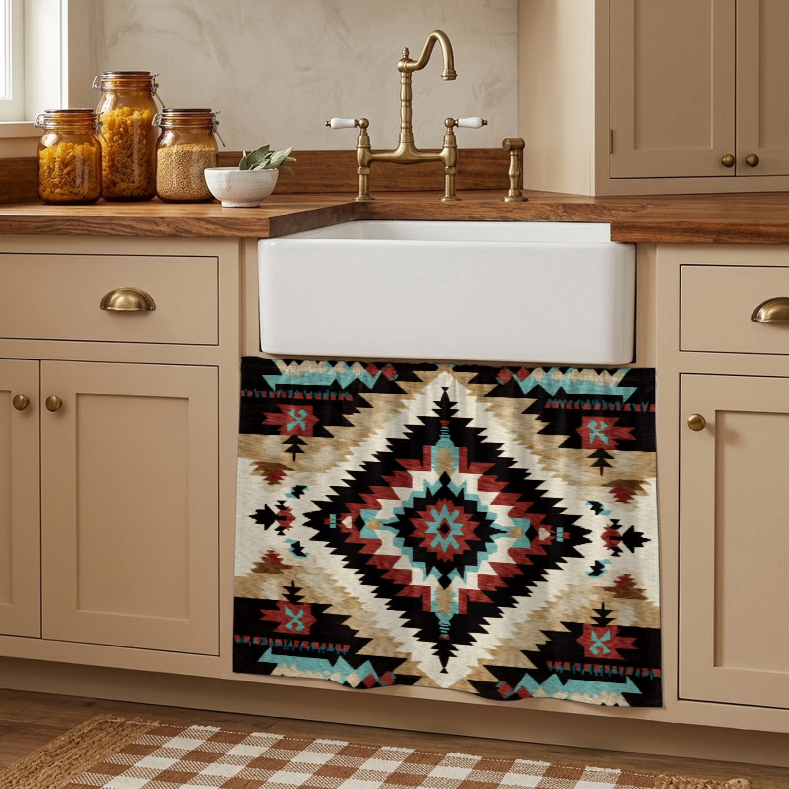 Boho Brown Teal Red Small Cabinet Curtains 11"W x 13"L, Southwestern ...