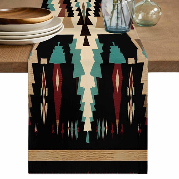 Boho Brown Teal Red Table Runner, Southwestern Geometric Abstract ...