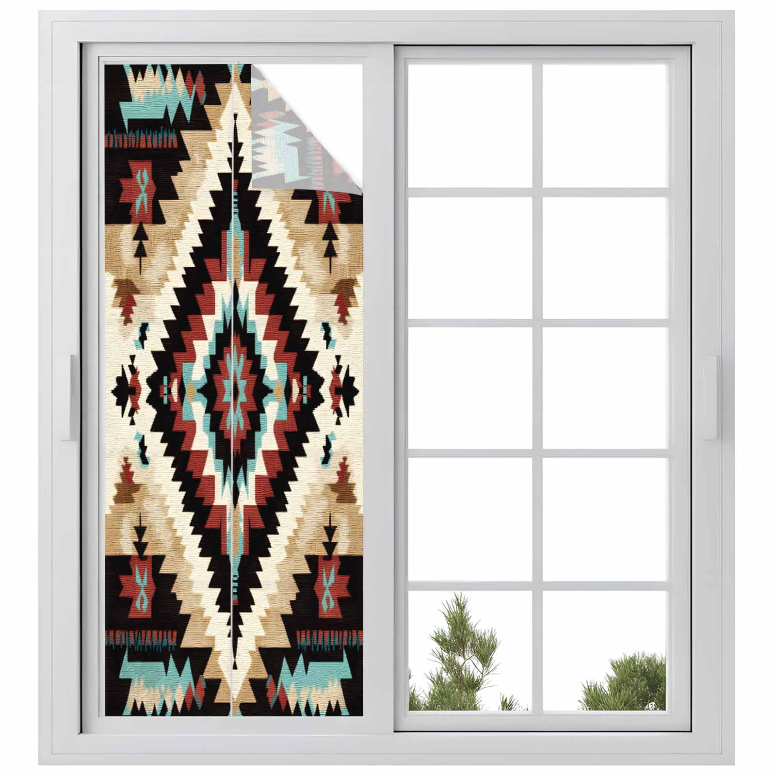Boho Brown Teal Red Window Privacy Film, Southwestern Geometric Art ...