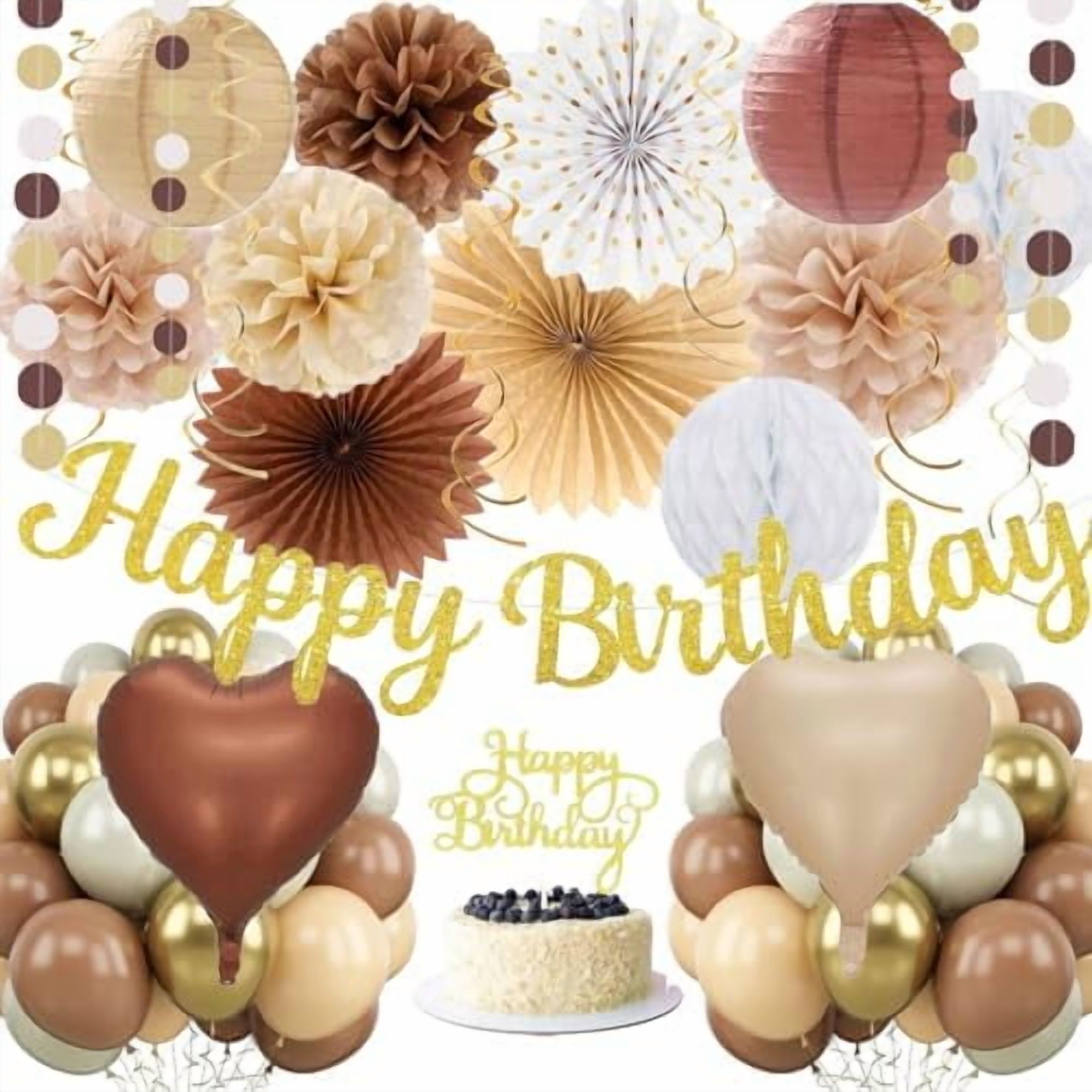 Boho Brown White Birthday Decorations - 62pcs Happy Birthday Banner ...