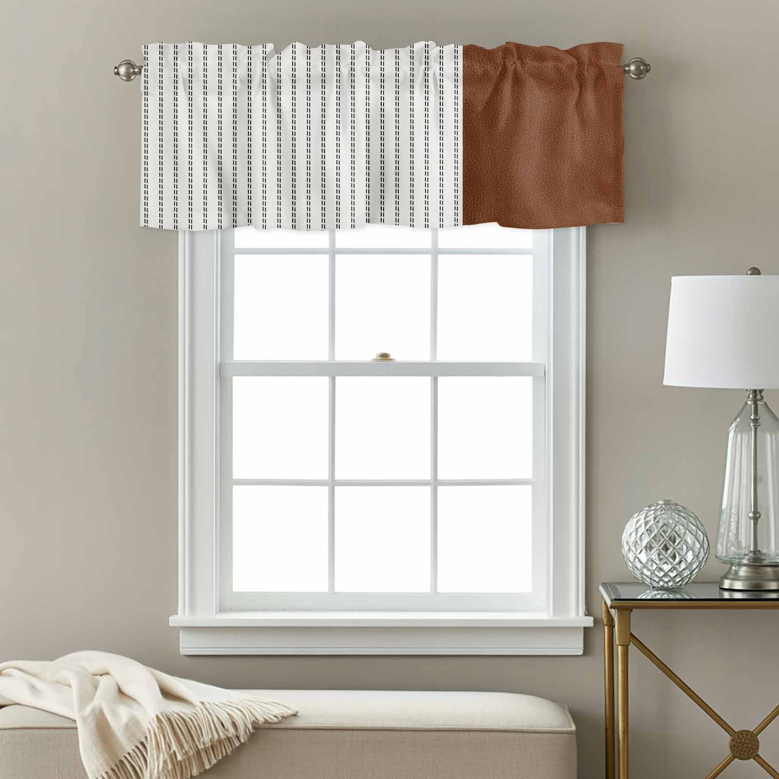 Boho Brown Window Valance for Kitchen, Leather Texture Black Striped ...