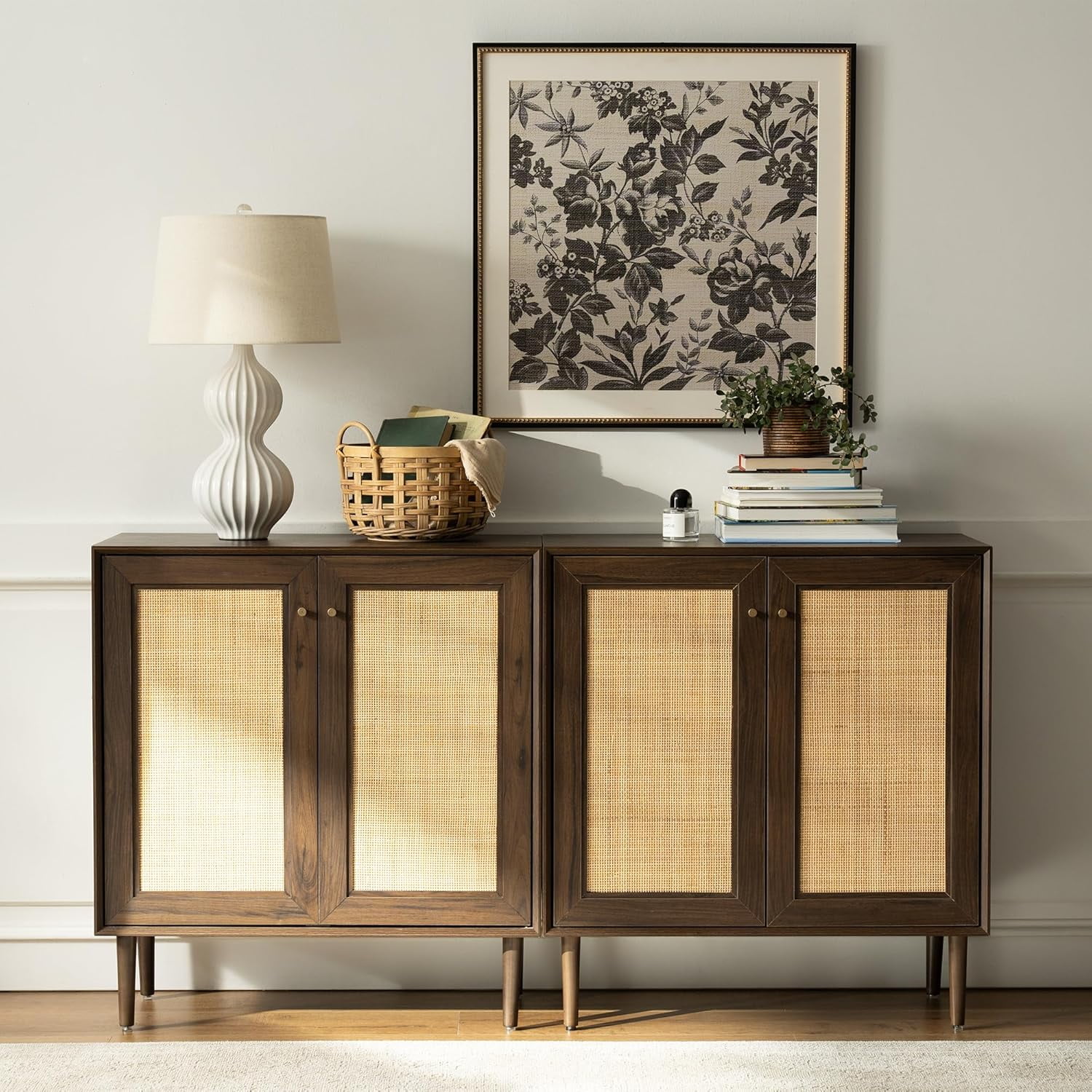 Boho Buffet Cabinet with Storage, 4Doors Natural Rattan Sideboard ...