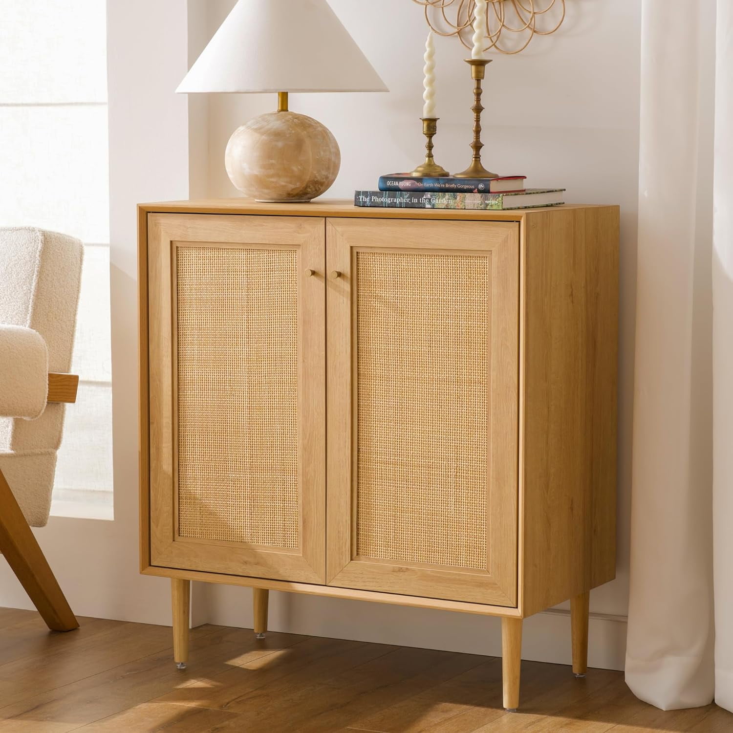 Boho Buffet Cabinet with Storage, Natural Rattan Sideboard Storage ...