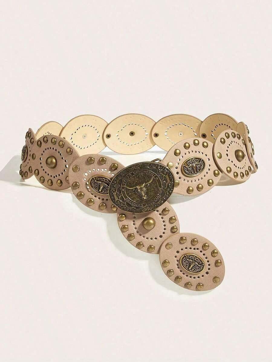 Boho Bull Head Rivet Belt, Beige Oval Patchwork Wide Belt for Women ...