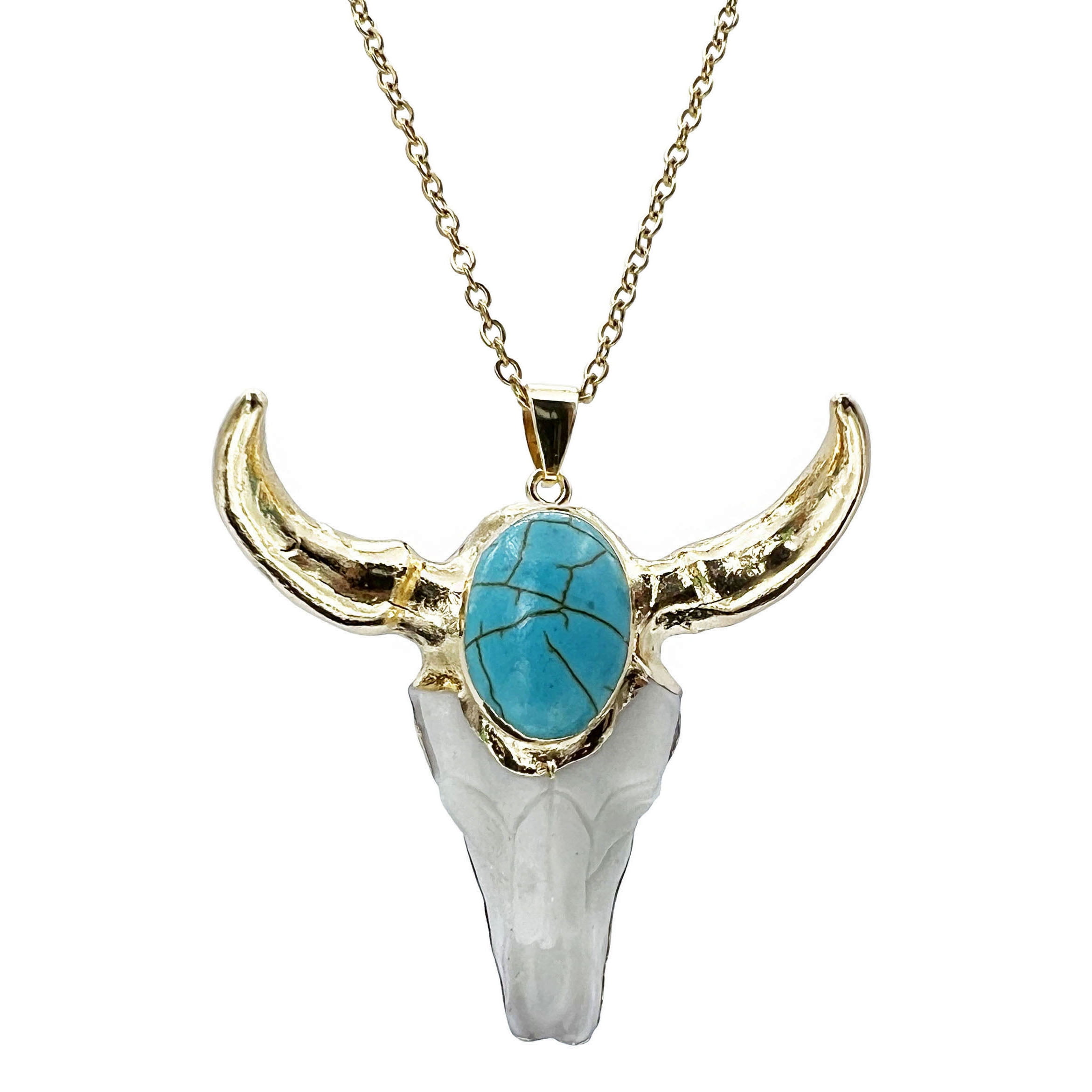 Boho Bull Necklace, Hip Hop Charm White Bull Skull for Men, Gold Unisex ...