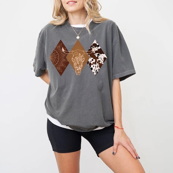 Boho Bull Skull Graphic T Shirt Western Cowgirl Style - Walmart.com