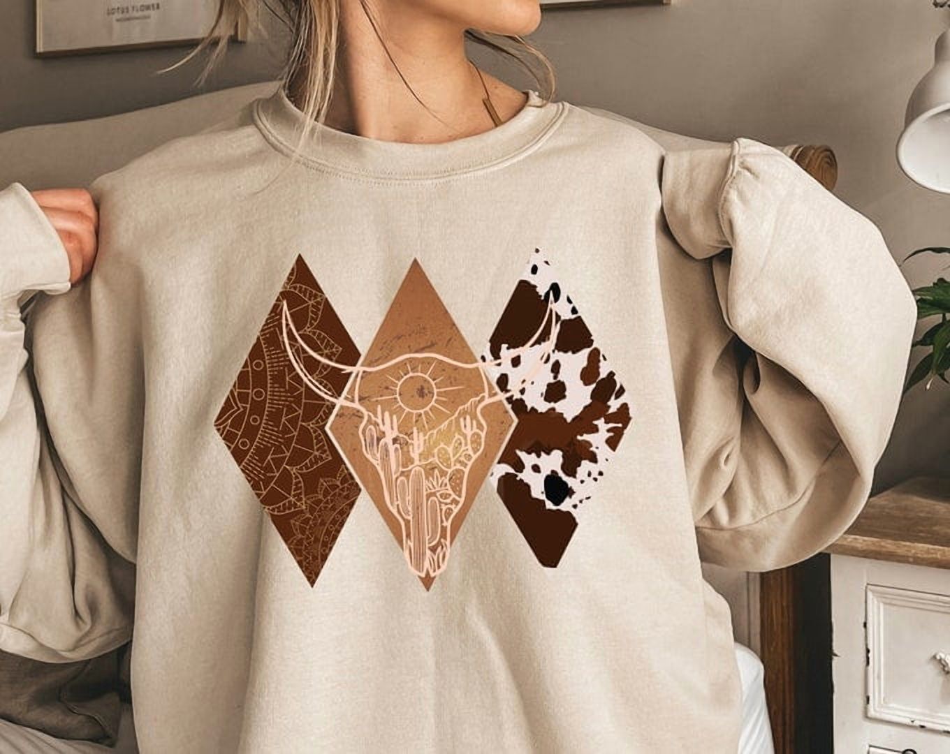 Boho Bull Skull Sweatshirts, Women'S Country Shirt, Farmer Tee, Cowboy ...