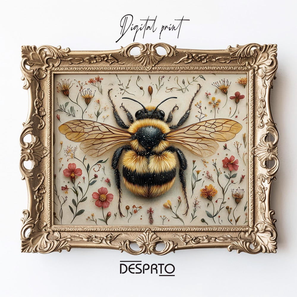 Boho Bumblebee In Wild Flower Print, Moody Bee Decor, Botanical Print ...