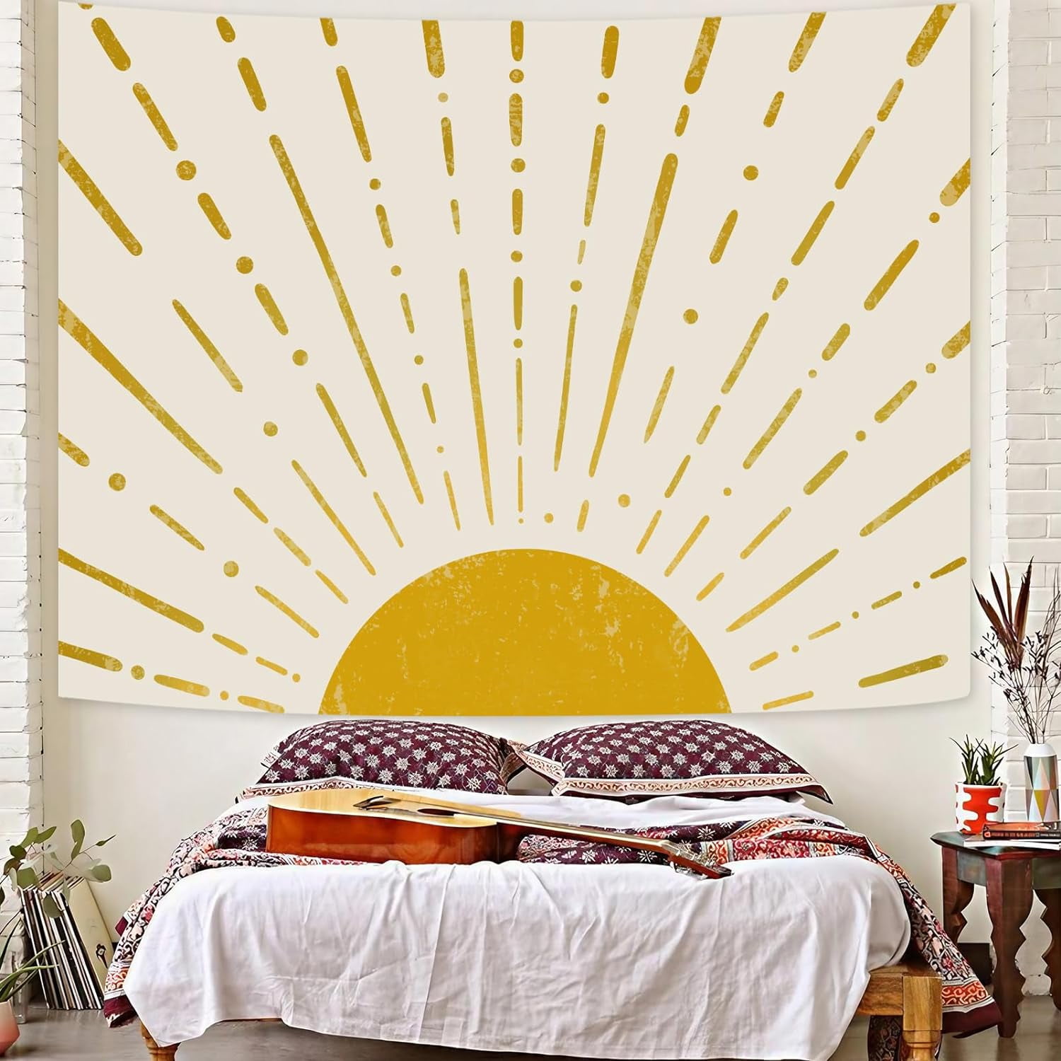 Boho Burning Sun Tapestry Wall Hanging, Retro 70s Abstract Geometric ...