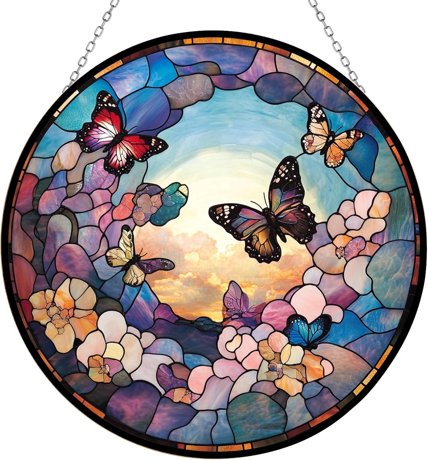 Boho Butterflies and Flowers Stained Glass Window Hanging, Suncatcher ...
