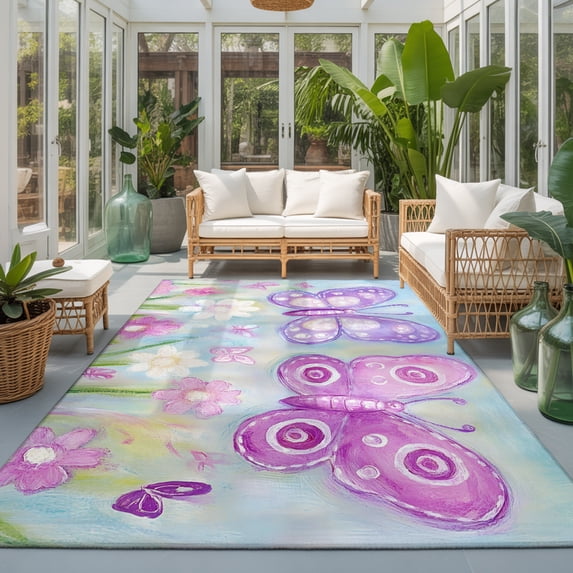 Boho Butterfly 9'x12' Large Area Rugs Wildflowers Grass Floral Garden ...