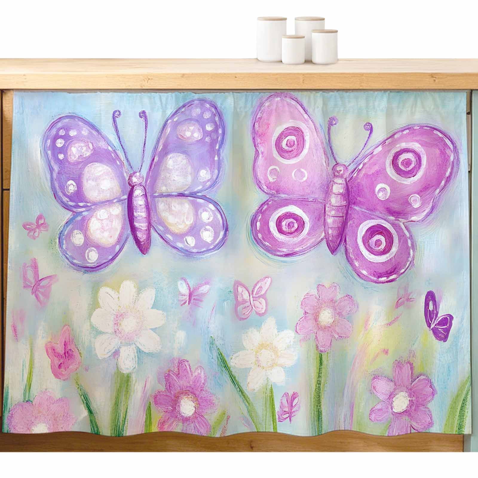 Boho Butterfly Cabinet Curtains 11" W x 13" L, Wildflowers Grass Floral ...