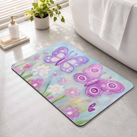 Boho Butterfly Non Slip Bathroom Mat, Wildflowers Grass Floral Garden ...