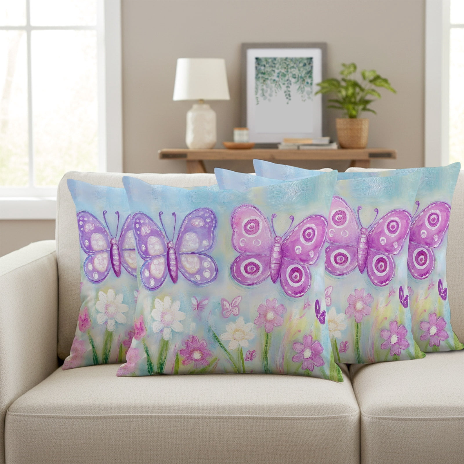 Boho Butterfly Pillow Covers Set of 4, Wildflowers Grass Floral Garden ...