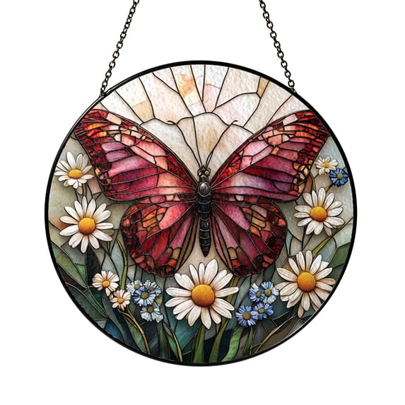 Boho Butterfly Stained Glass Style Suncatcher, Decorative Floral Window ...