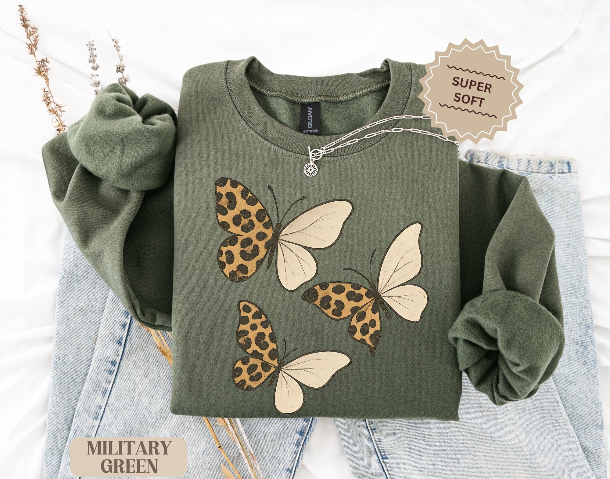 Boho Butterfly TShirt Animal Print Fall Crewneck Military Green ...