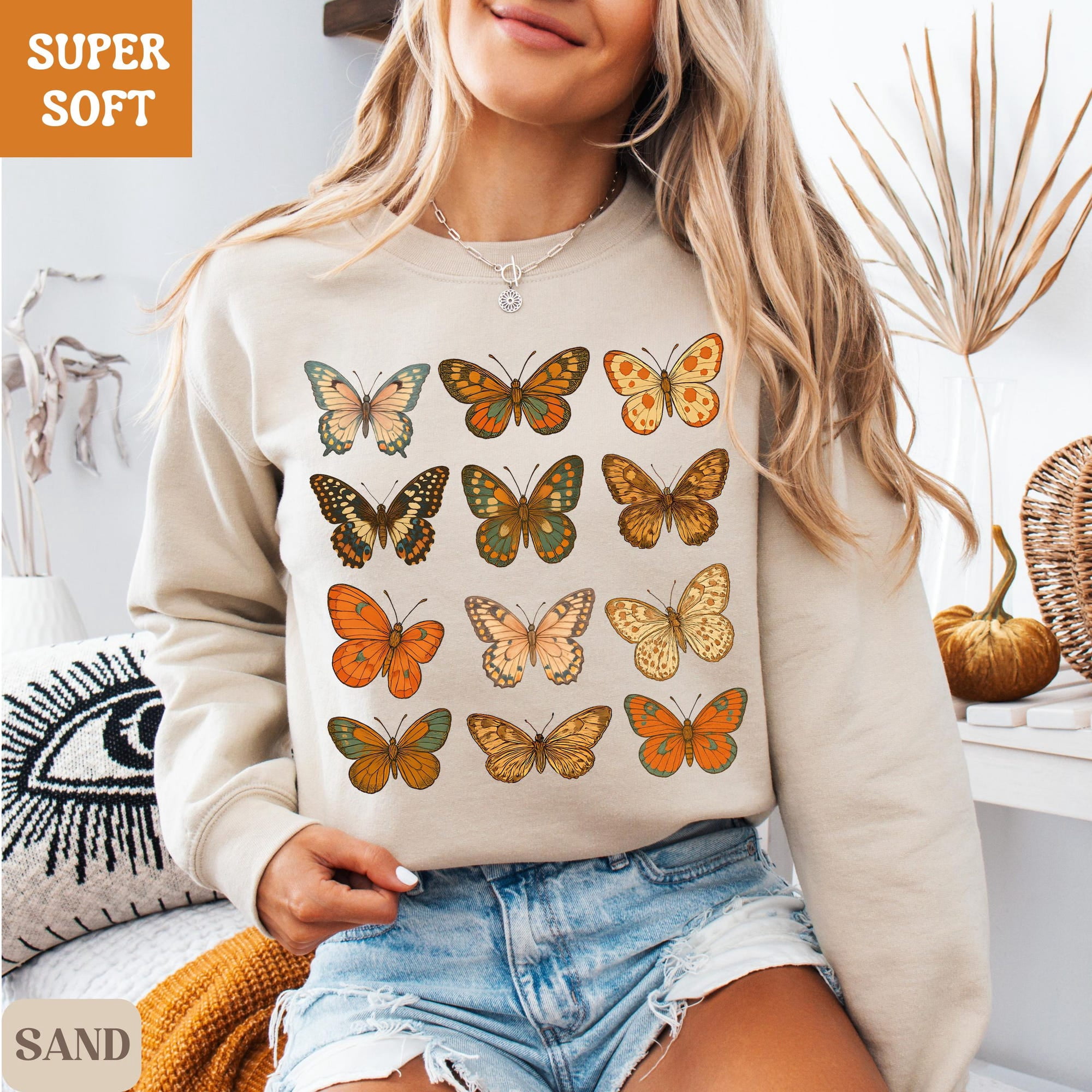 Boho Butterfly TShirt Fall Nature Pullover Cottagecore Crewneck Gift ...